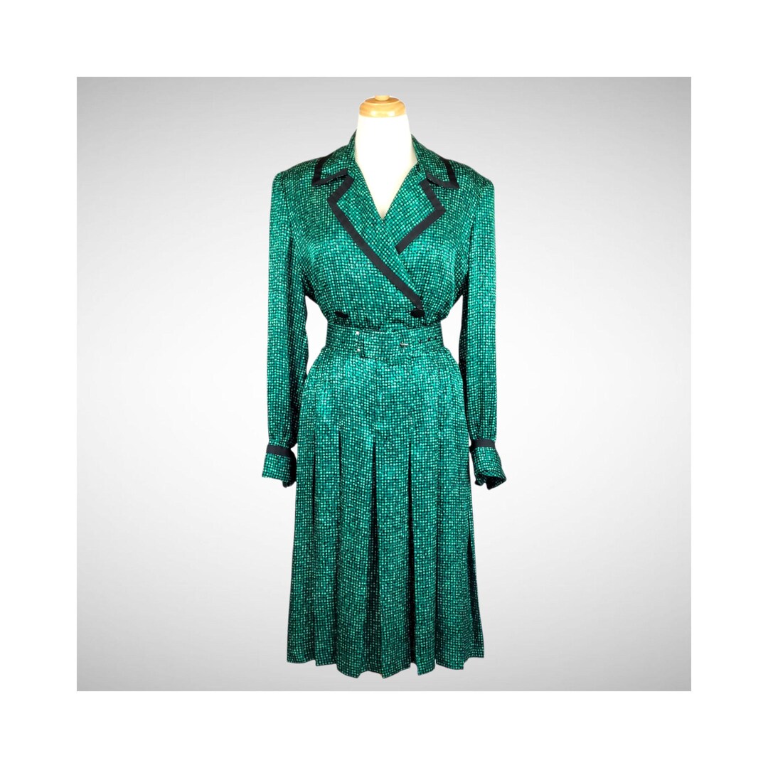 80s Pleated Dress Green Dotted Silk High End Brand Don Elliot Alper ...