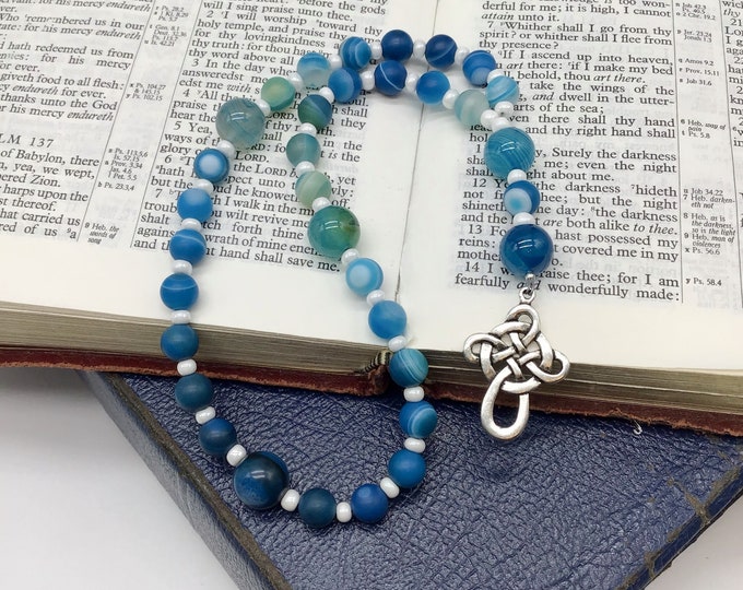 Aqua Blue Agate Beads and Celtic Knot Cross Protestant Prayer Beads ...
