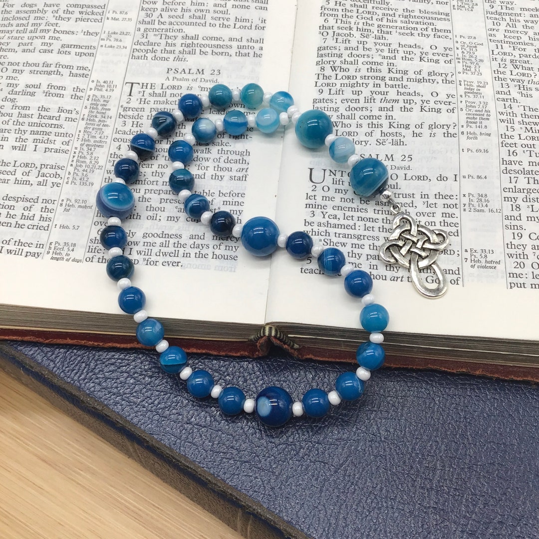 Aqua Blue Agate Beads and Celtic Knot Cross Protestant Prayer Beads ...