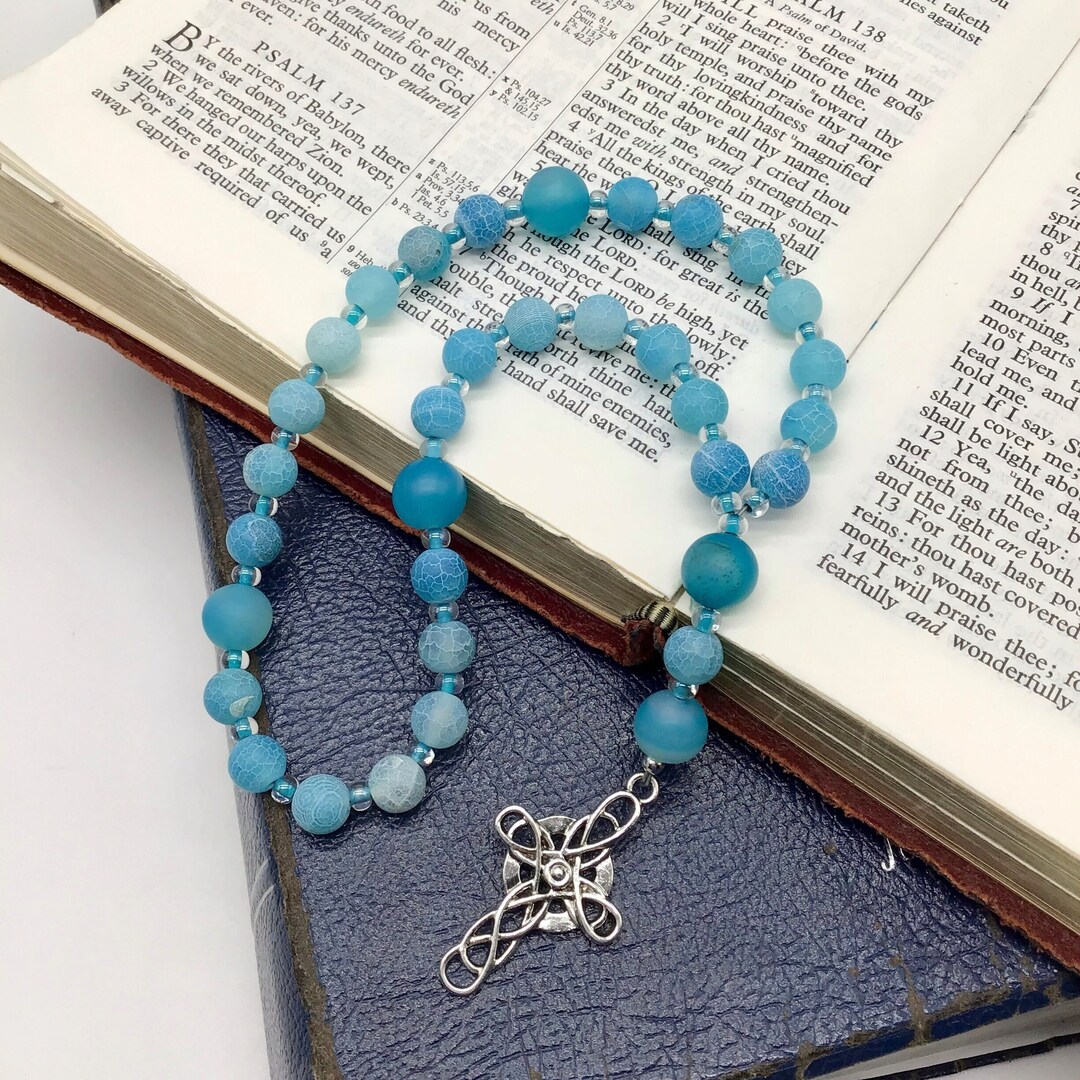 Aqua Blue Fire Agate, Celtic Cross Protestant Prayer Beads, Methodist ...