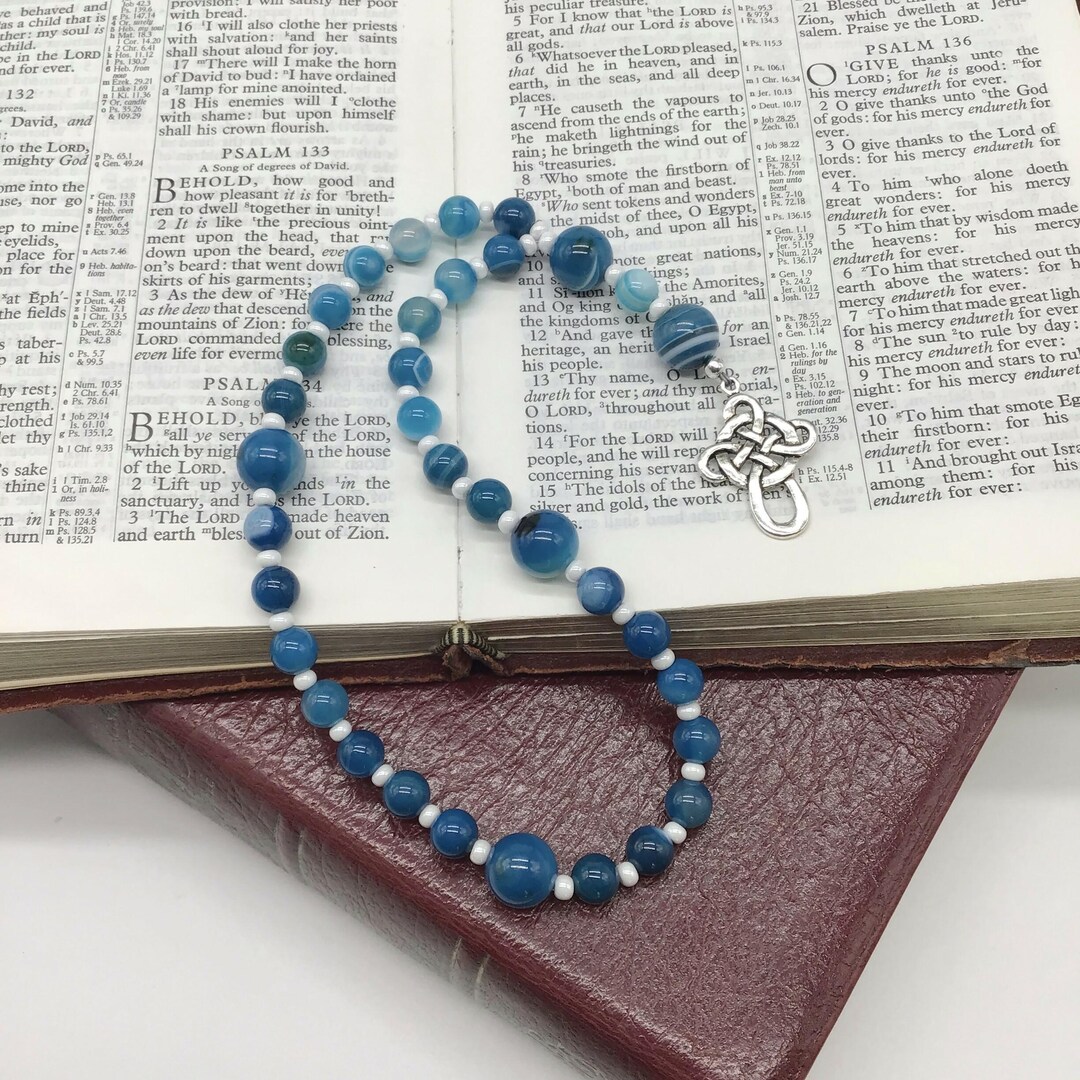 Aqua Blue Agate Beads and Celtic Knot Cross Protestant Prayer Beads ...