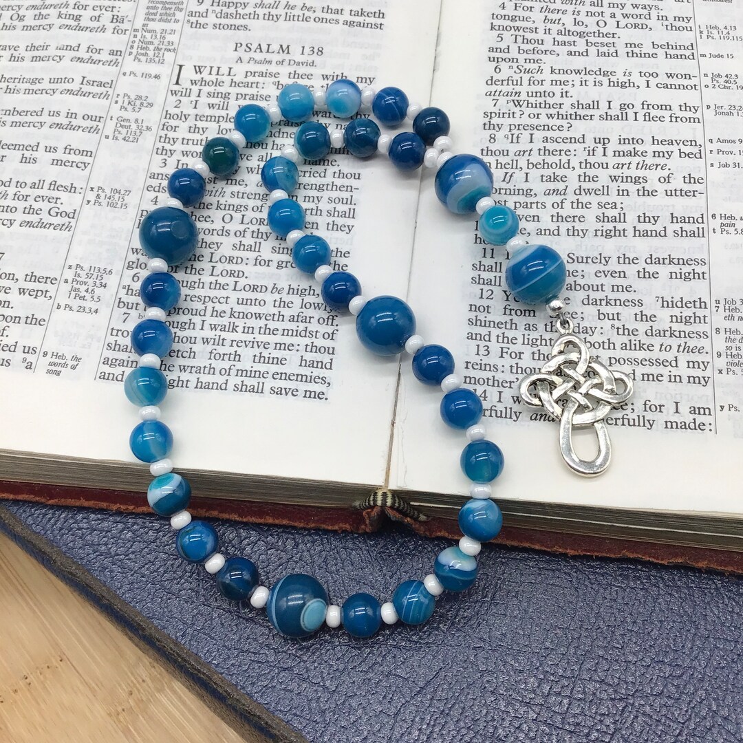 Aqua Blue Agate Beads and Celtic Knot Cross Protestant Prayer Beads ...