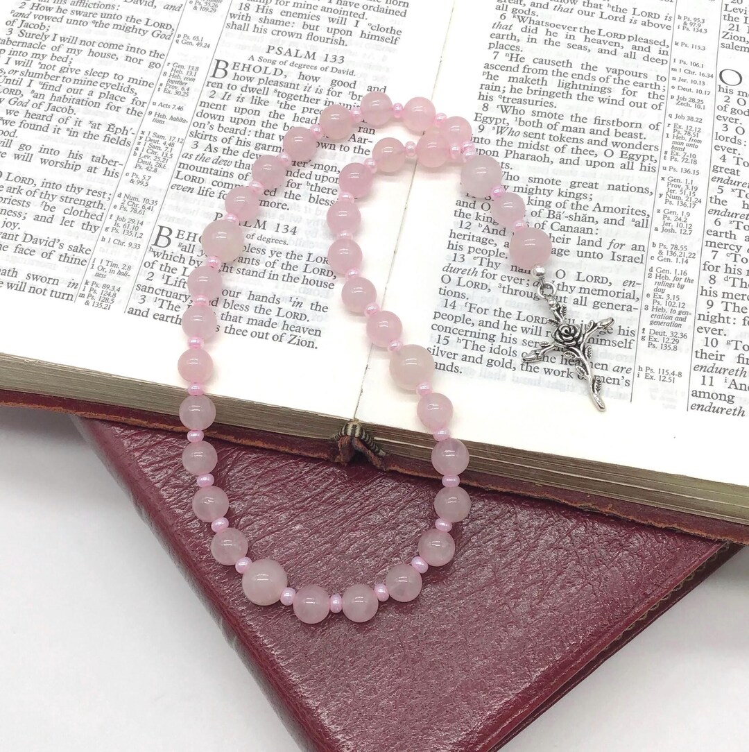 Rose Quartz Christian Prayer Beads With Rose Centered Cross: Protestant ...