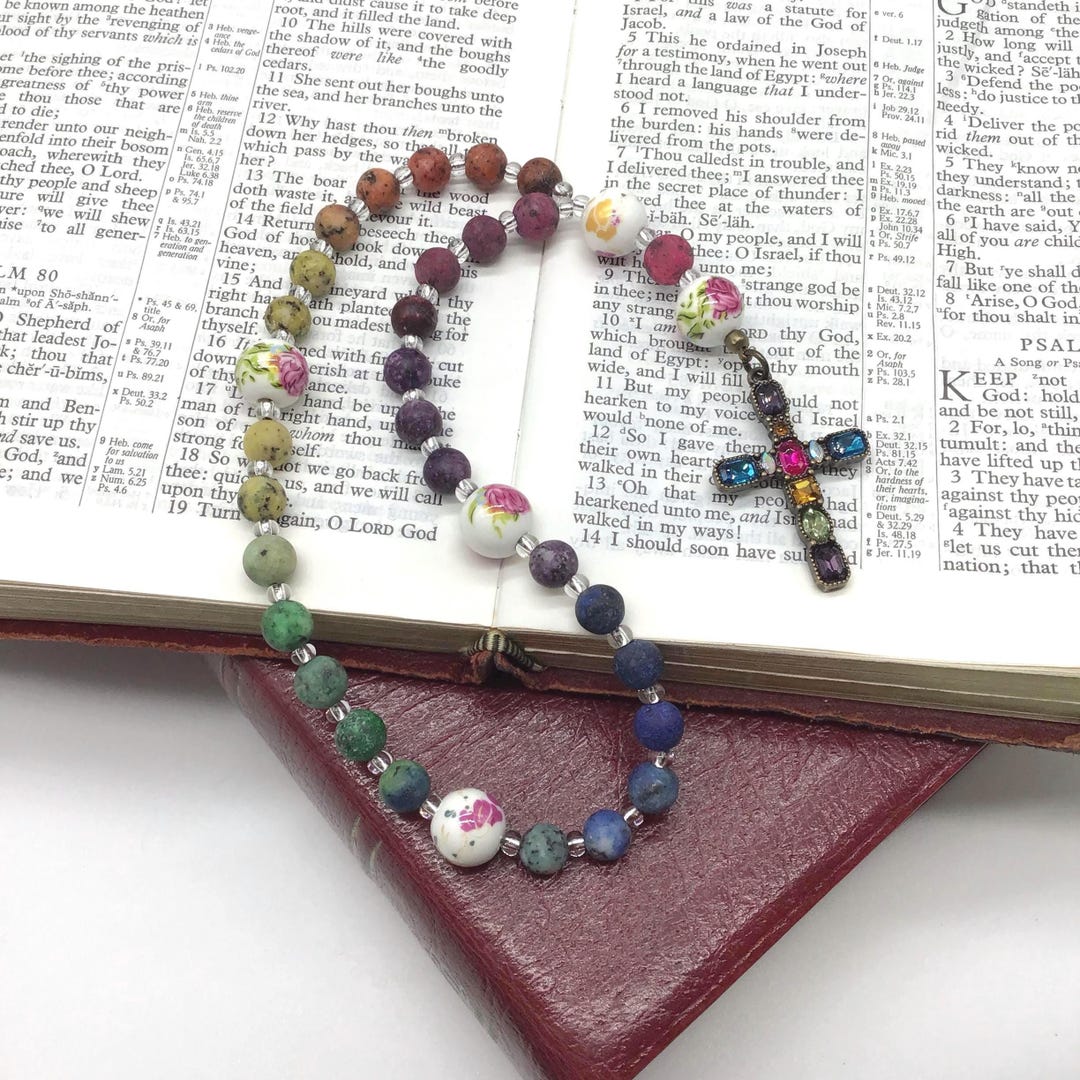 Ceramic Flower, Rainbow Colored Granite Beads and Rainbow Rhinestone ...