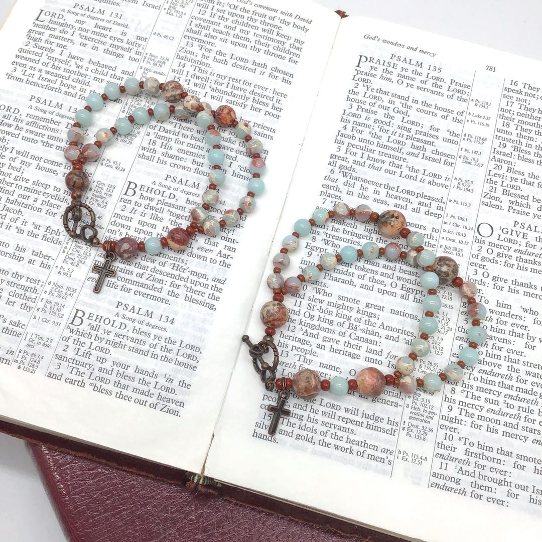 Aqua Impression Jasper Christian Prayer Bead Bracelet With Copper ...