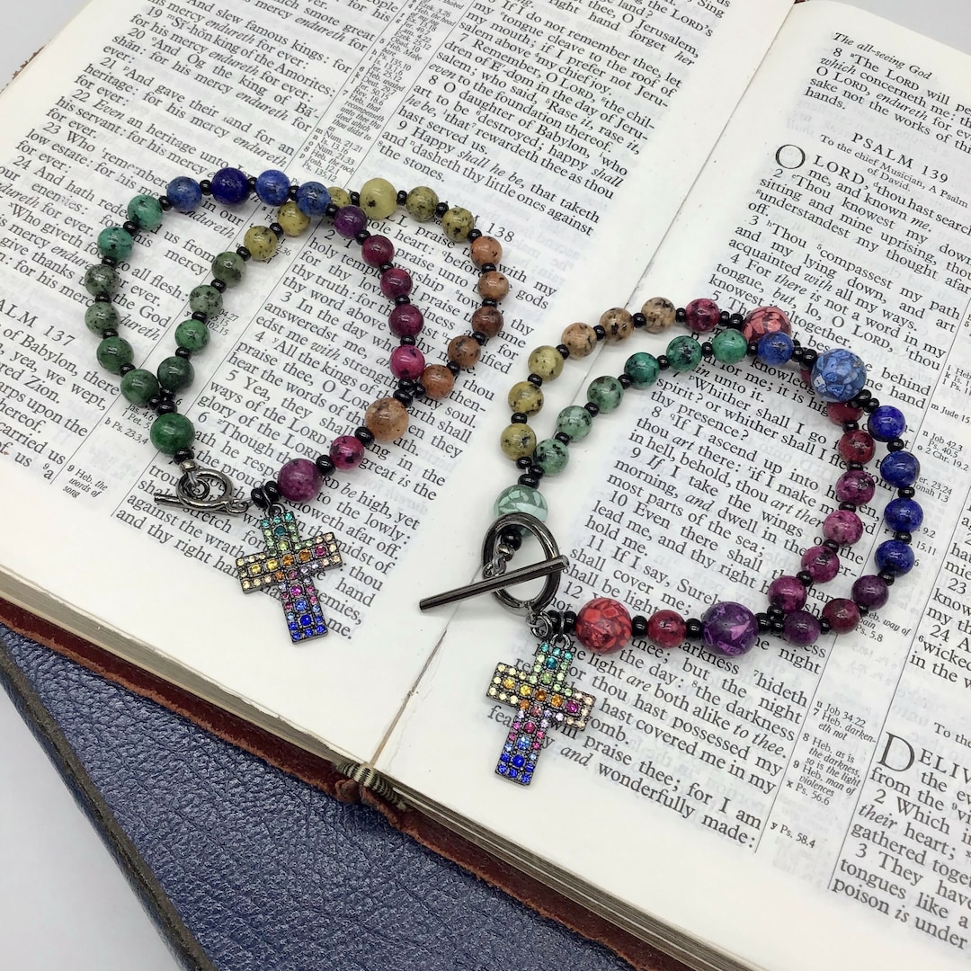 Rainbow Beads and Rhinestone Cross Protestant Prayer Bead Bracelet ...