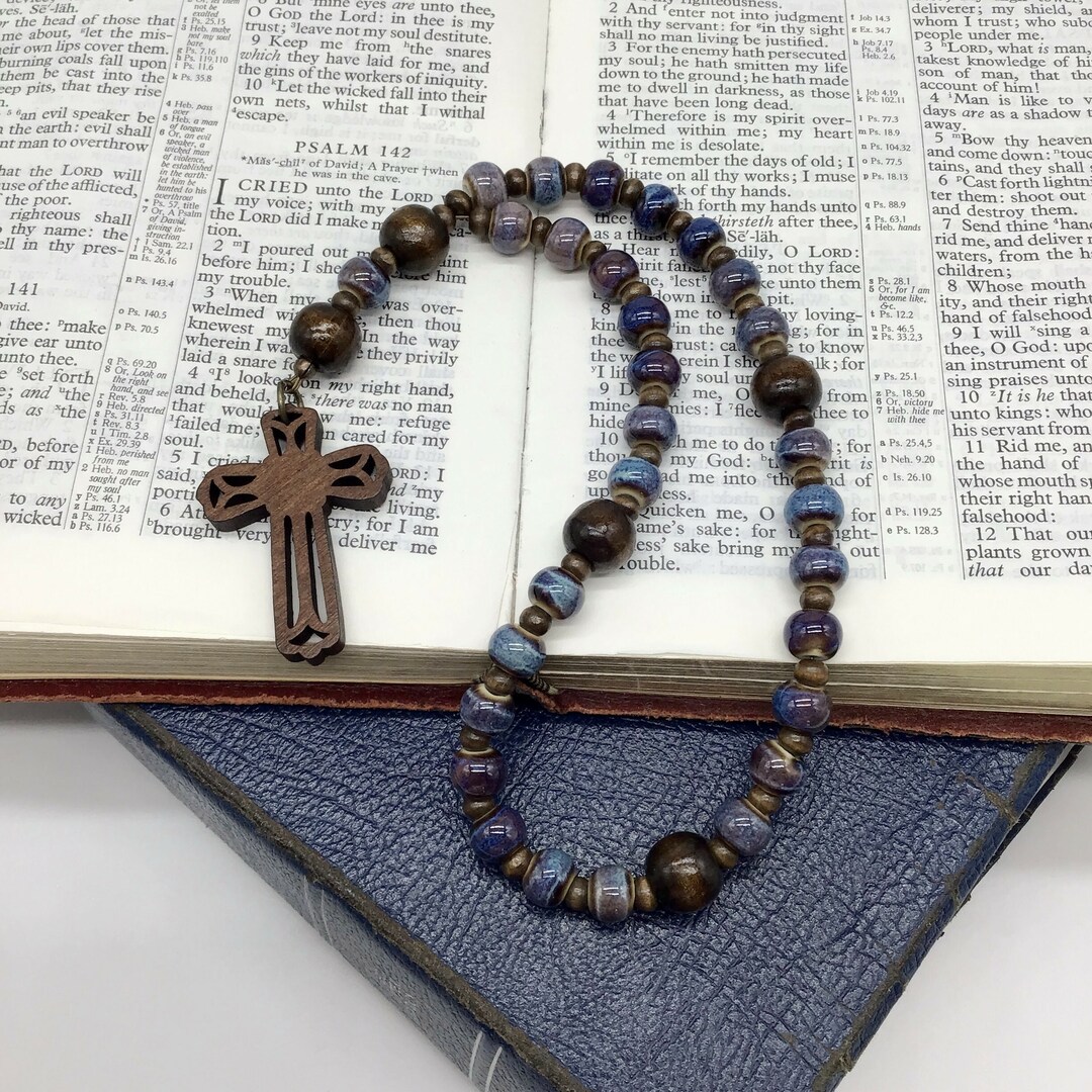 Blue Ceramic and Decorative Wood Cross Protestant Prayer Beads ...