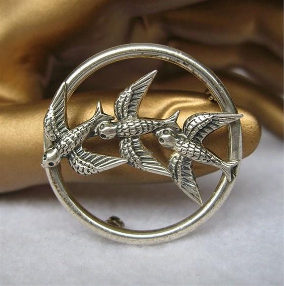 Sterling Silver Swooping Swallows Pin - Gem