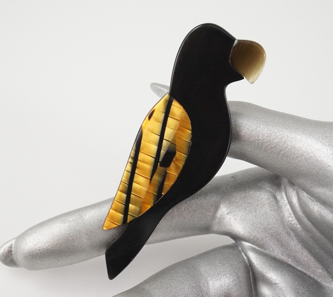 Lea Stein Parrot Brooch, Made in France, Art Deco, Brown and Black ...