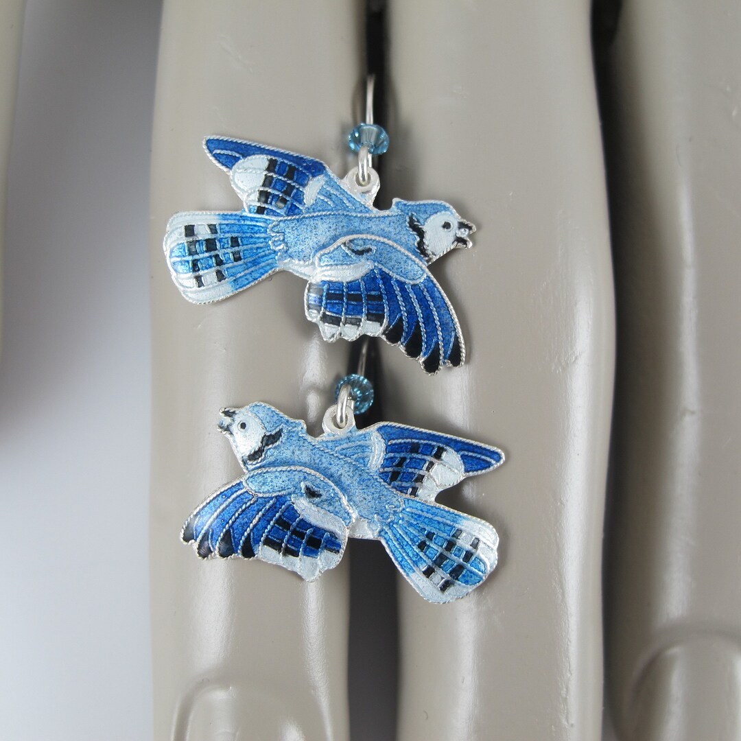 Sterling Cloisonne Blue Jay Dangle Earrings With Crystal, Bird Jewelry ...
