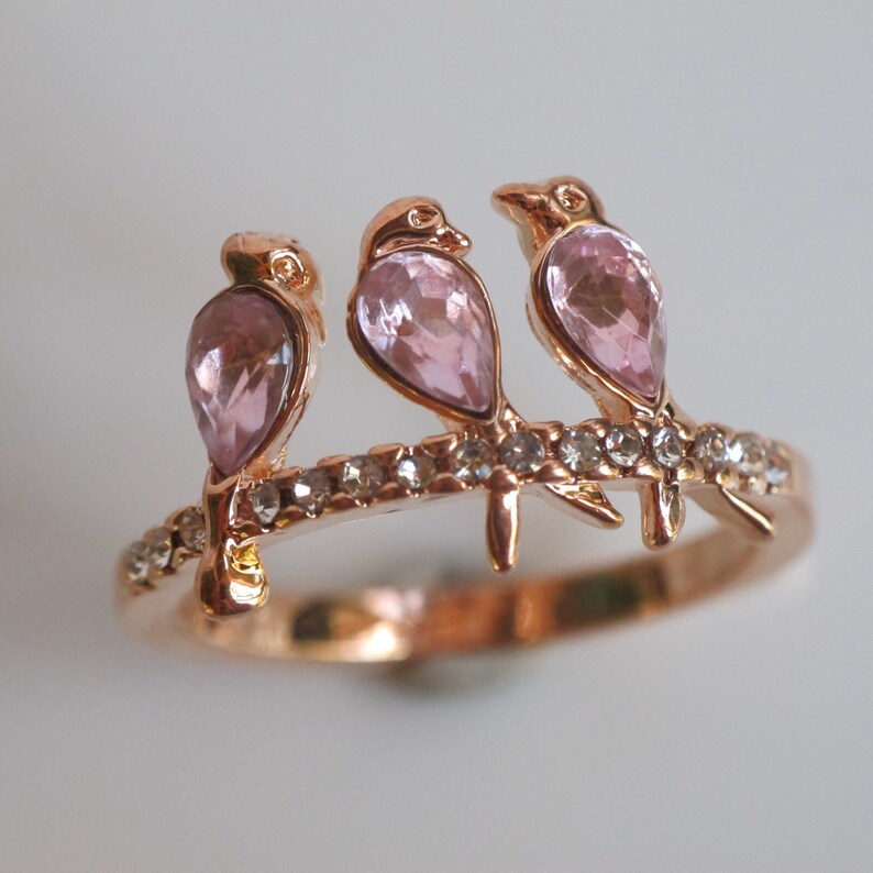 Pink Bird Ring Bird Trio Three Birds Rhinestone Bird | Etsy