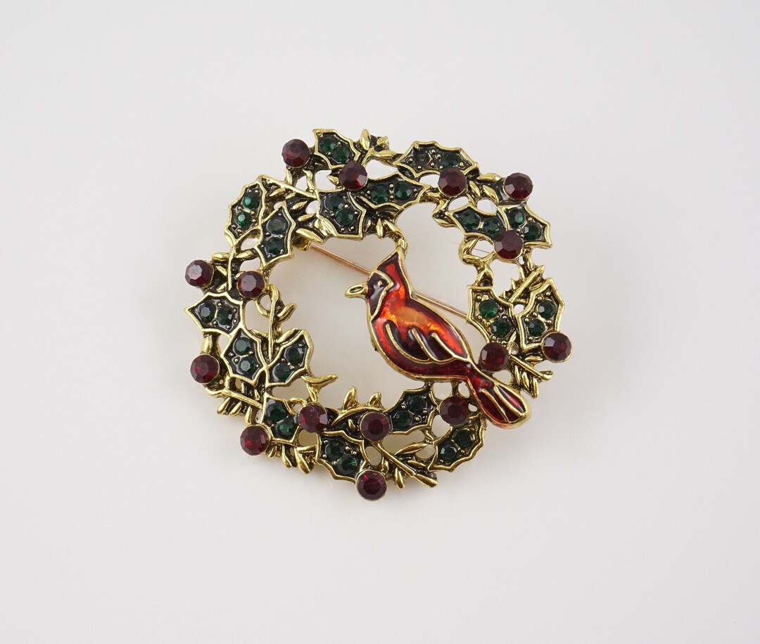 Christmas Wreath With Cardinal Bird Pin, Holiday Jewelry, Silver or ...