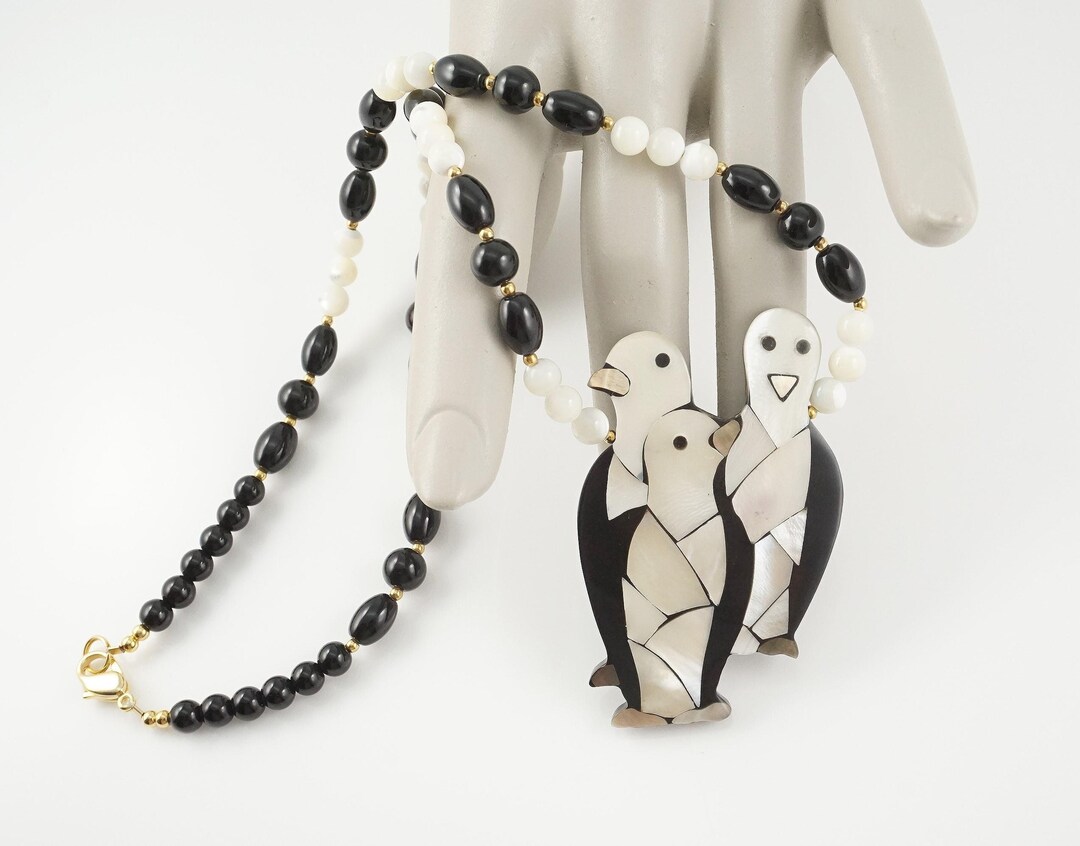 Lee Sands Penguin Trio Lucite Onyx and Mother of Pearl Necklace, Three ...