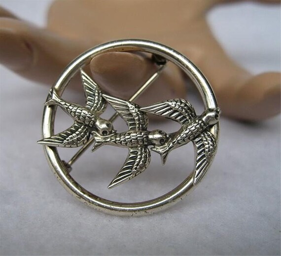 Sterling Silver Swooping Swallows Pin - Gem