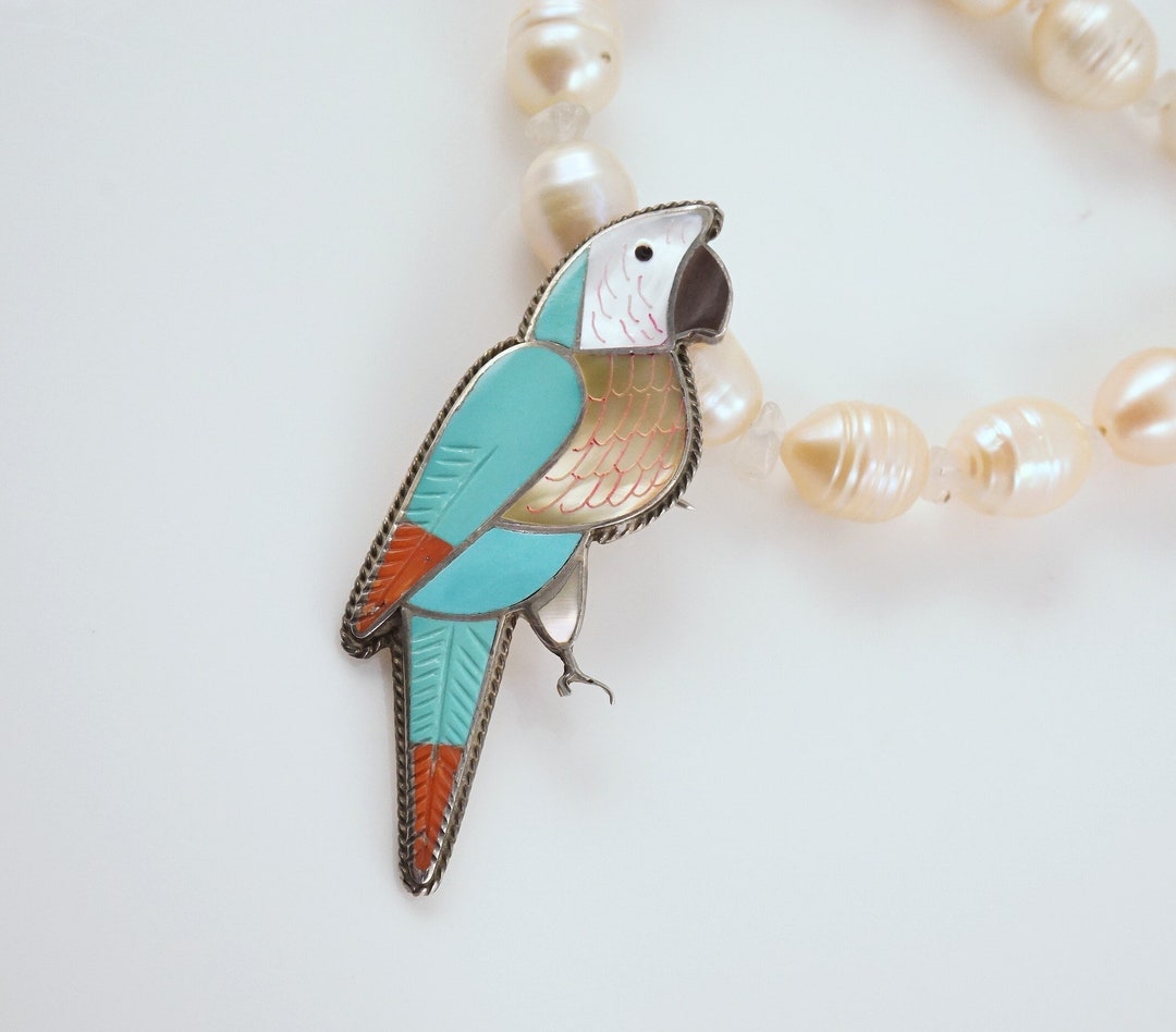 Zuni Parrot Brooch and Pendant Combination, Sterling Silver With Coral ...