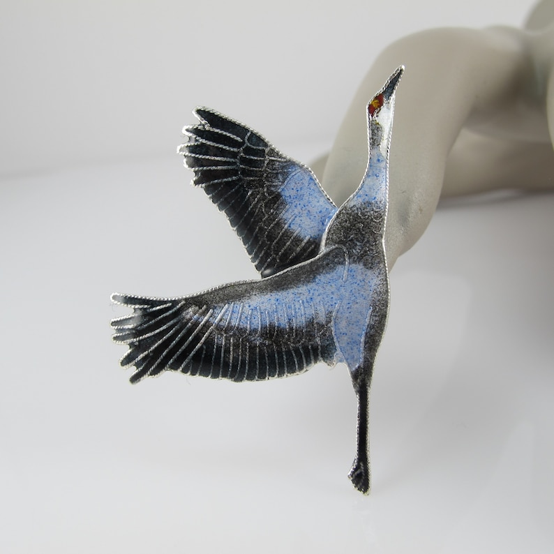 Sterling Sandhill Crane Brooch With Cloisonne Enamel, Heron Jewelry ...