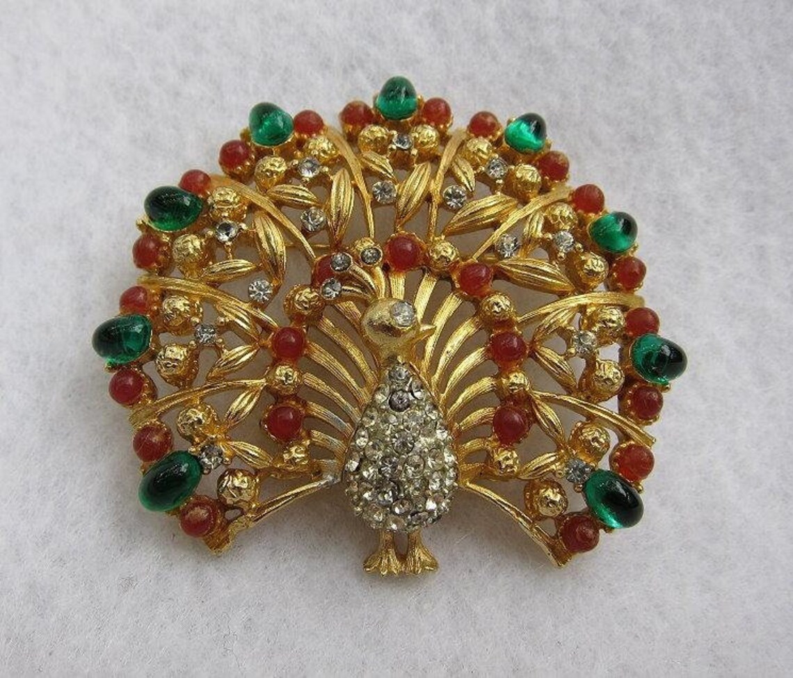 Mid Century Cabochon Peacock Brooch | Etsy