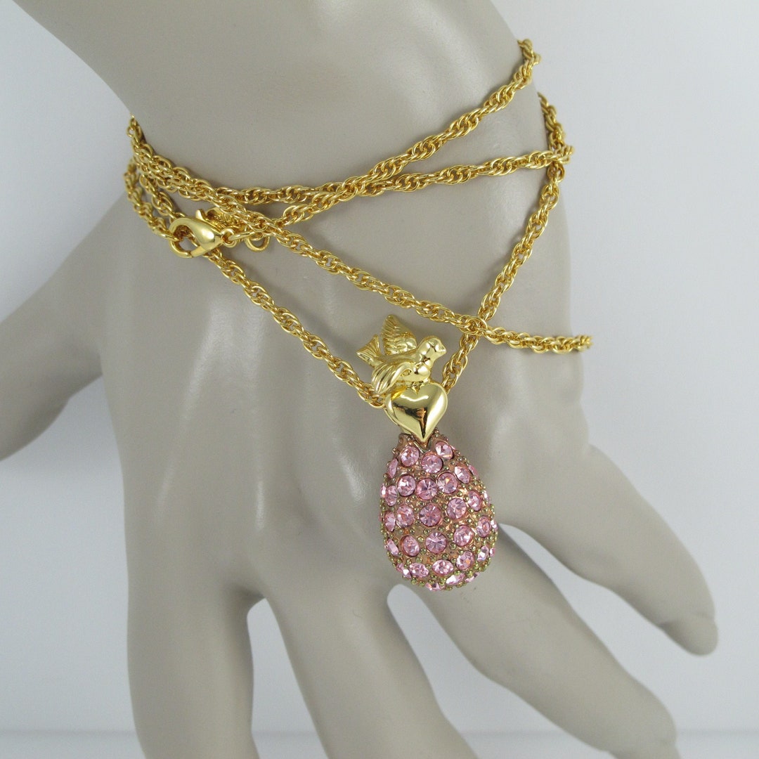 Joan Rivers Dove and Heart Necklace, Egg Shape, Pink Rhinestones, Long ...