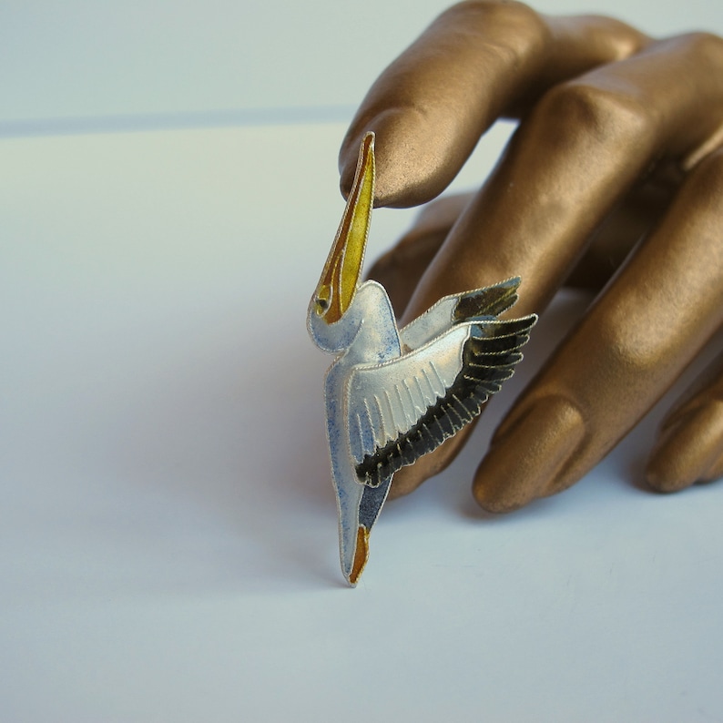 Cloisonne and Sterling White Pelican Pin, Beach Bird, Seashore Jewelry ...