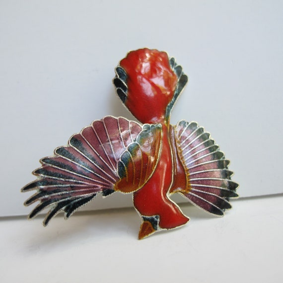 Sterling Cardinal Brooch, Red Bird Pin, Cloisonne Ena… - Gem