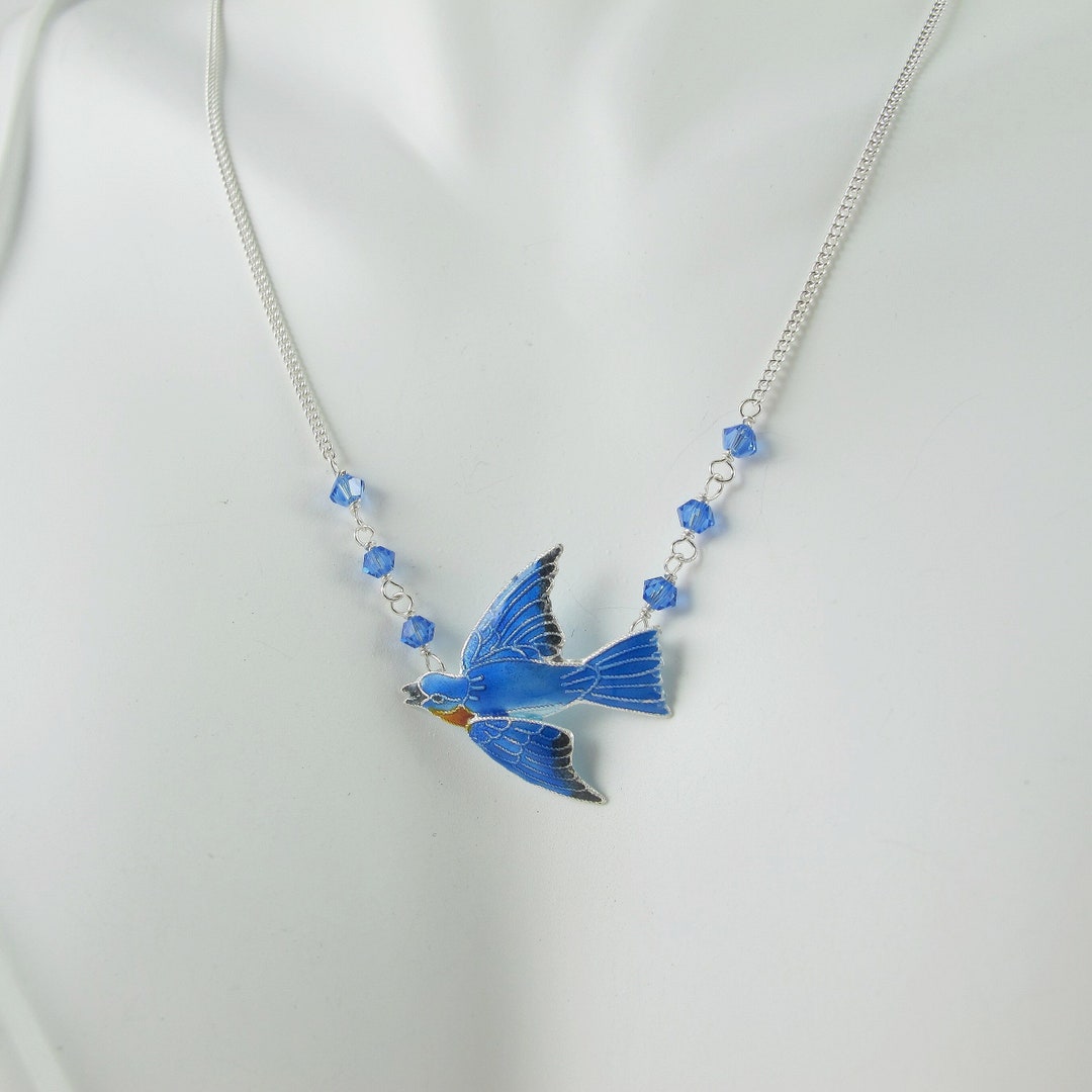 Sterling and Cloisonne Bluebird Necklace, Austrian Crystals, Blue ...