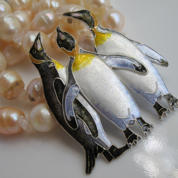 Sterling Penguin Trio Pin Brooch, Enamel Animal Pin, … - Gem