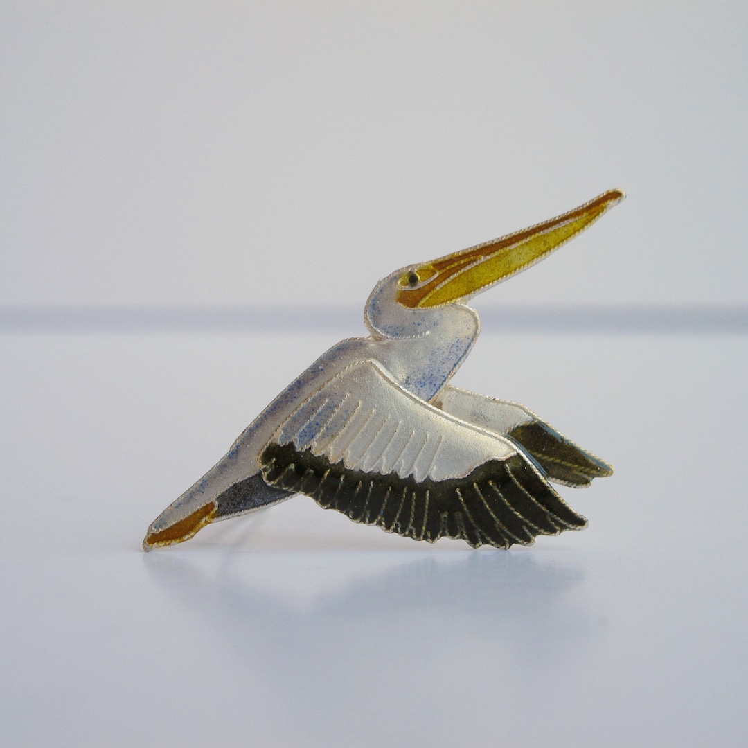 Cloisonne and Sterling White Pelican Pin, Beach Bird, Seashore Jewelry ...