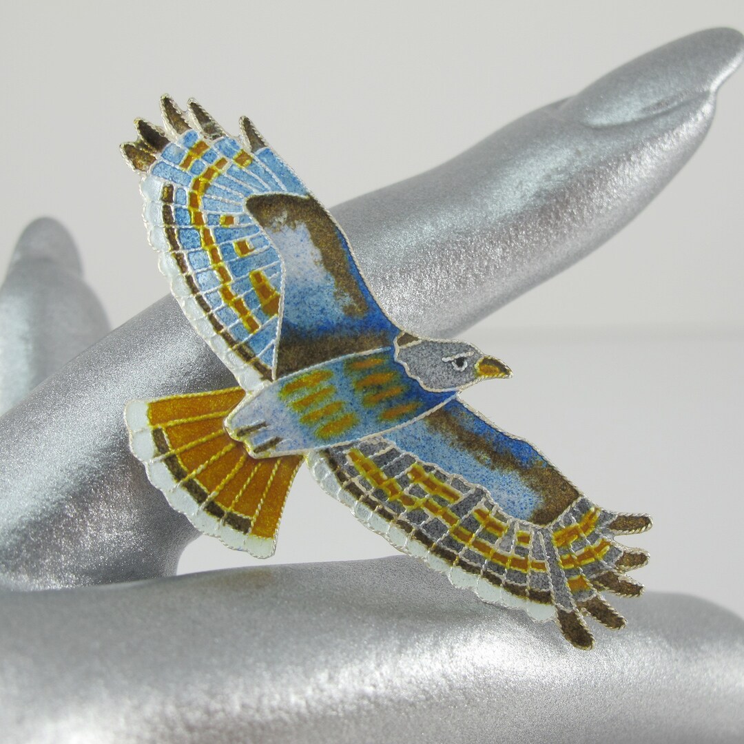 Sterling Cloisonne Red-tailed Hawk Brooch, Bird of Prey Pin, Bird ...