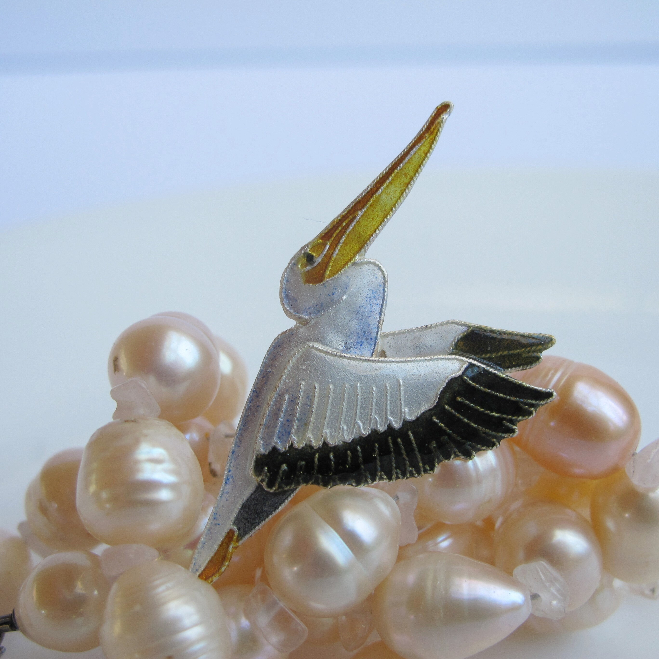 Cloisonne and Sterling White Pelican Pin, Beach Bird, Seashore Jewelry ...