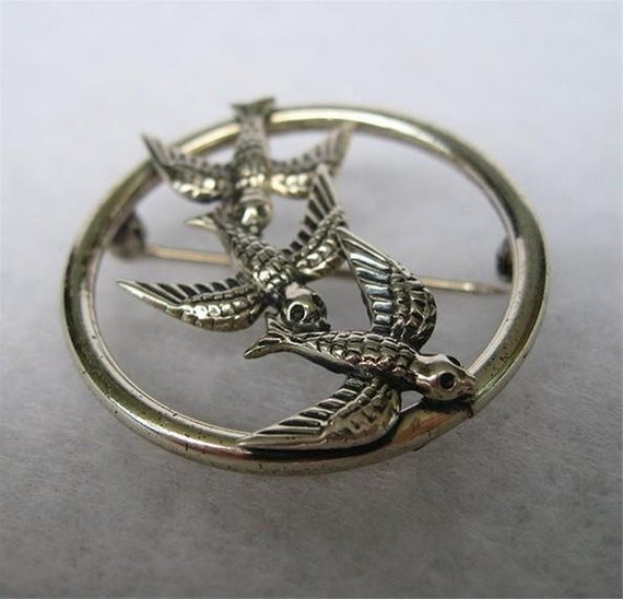 Sterling Silver Swooping Swallows Pin - Gem
