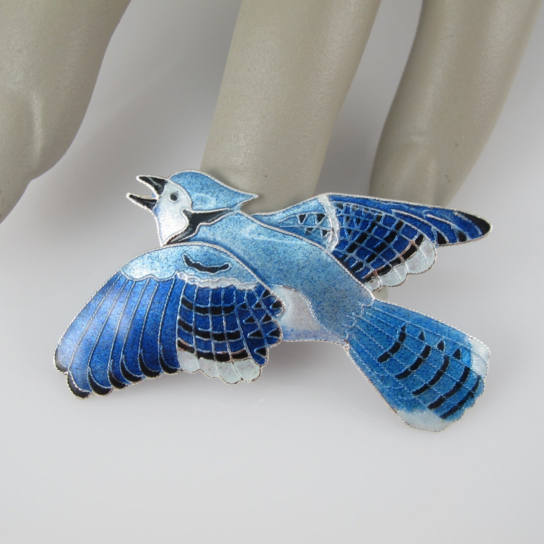 Sterling Blue Jay Brooch With Cloisonne Enamel, Songbird, Bird in ...