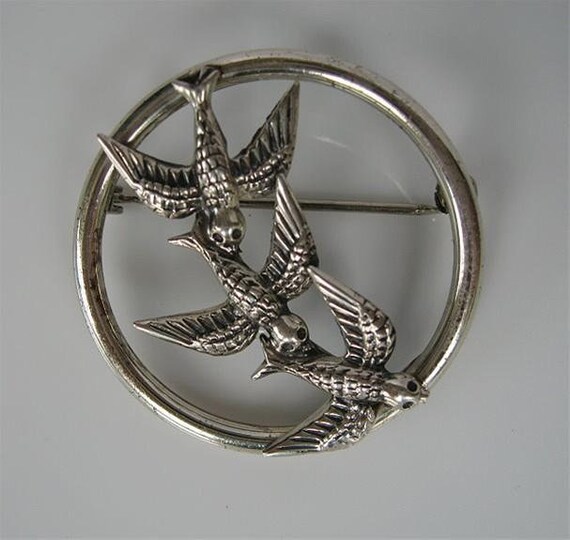 Sterling Silver Swooping Swallows Pin - Gem