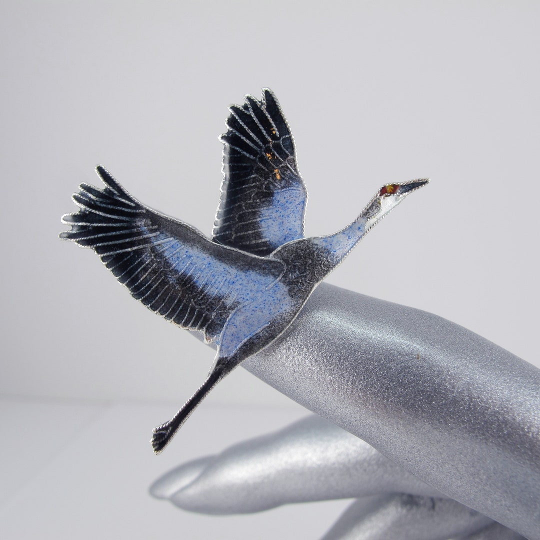 Sterling Sandhill Crane Brooch With Cloisonne Enamel, Heron Jewelry ...