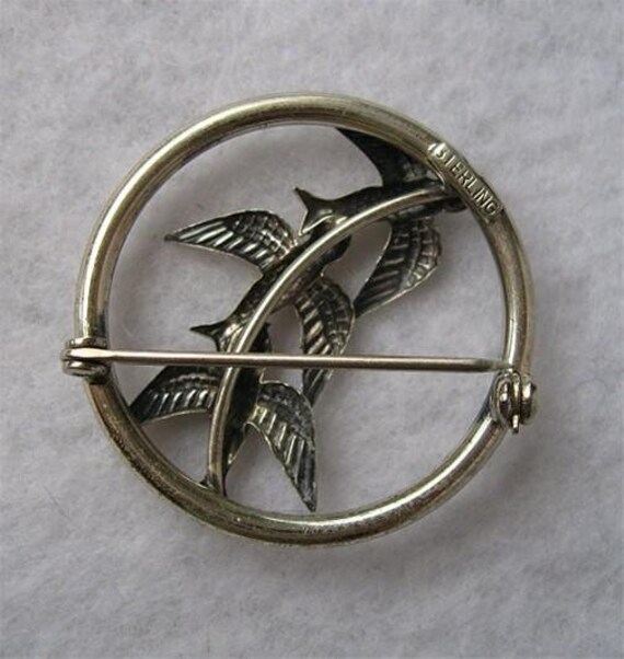 Sterling Silver Swooping Swallows Pin - Gem