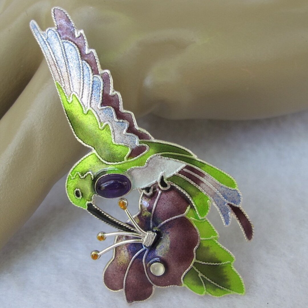 Sterling Cloisonne Enamel Hummingbird Pin With Amethyst, New Old Stock ...