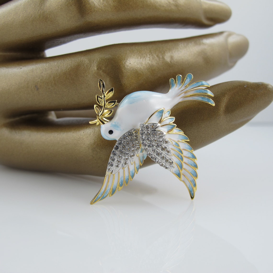 Sterling and Goldplate Dove of Peace Pin With CZ Stones, Olive Branch ...