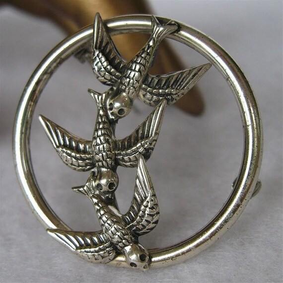 Sterling Silver Swooping Swallows Pin - Gem