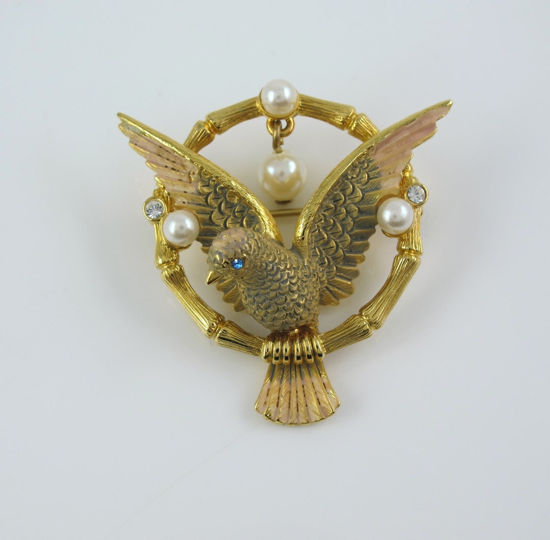 Joan Rivers Peace Dove Brooch, Faux Pearls, Rhinestones, Bird in Ring ...