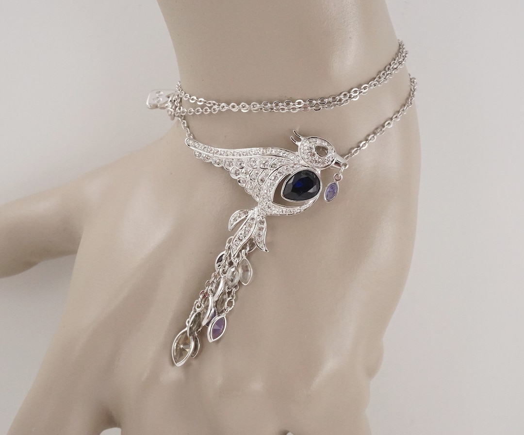 Genuine Swarovski Phoenix Necklace, Dangling Tail, Cobalt Crystal, Bird ...
