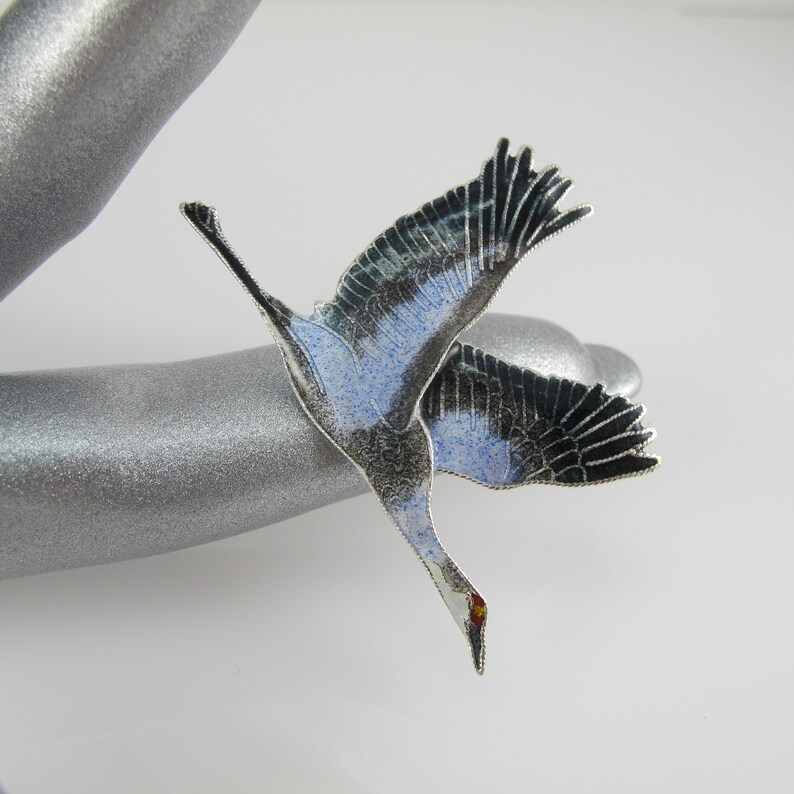 Sterling Sandhill Crane Brooch With Cloisonne Enamel, Heron Jewelry ...