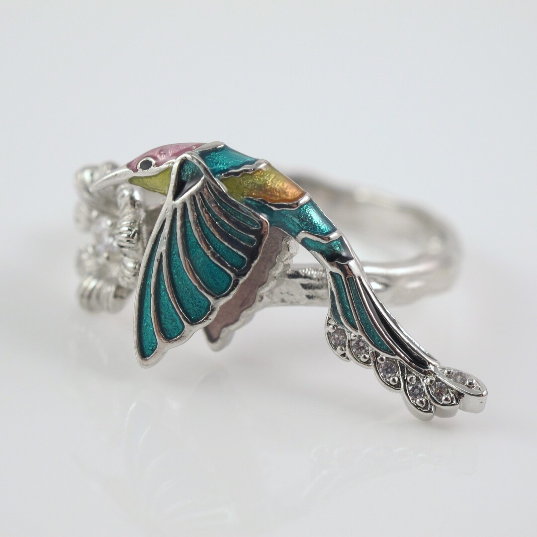 Silver Plate Hummingbird With Flower Ring, Colorful Enamels ...