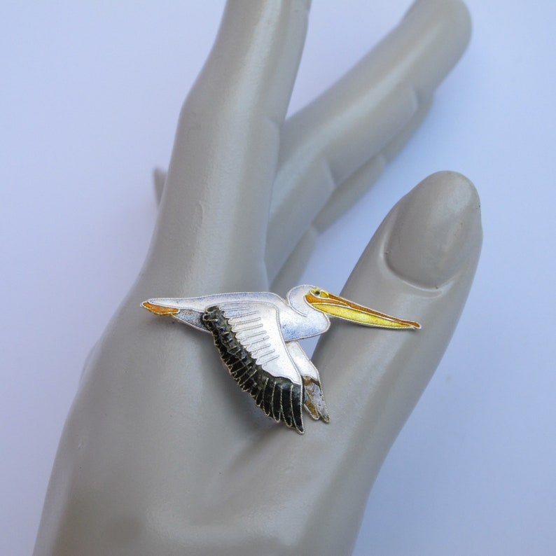 Cloisonne and Sterling White Pelican Pin, Beach Bird, Seashore Jewelry ...