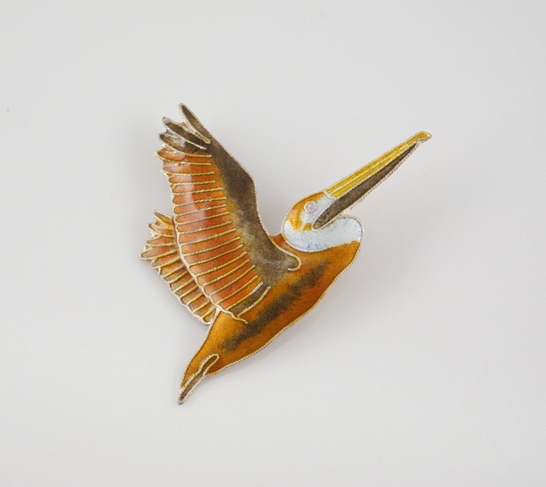Sterling and Cloisonne Brown Pelican Pin, Enamel Pelican Brooch ...