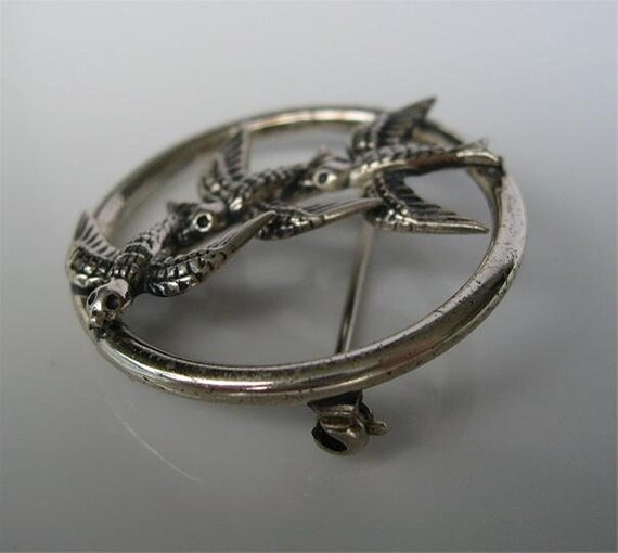 Sterling Silver Swooping Swallows Pin - Gem