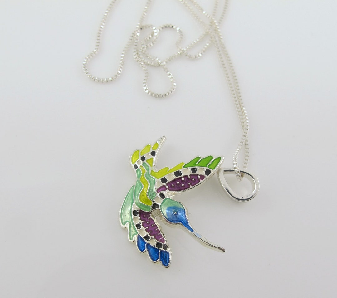 Cloisonne Silver Plate Hummingbird Necklace, 18 Inch Chain, Colorful ...