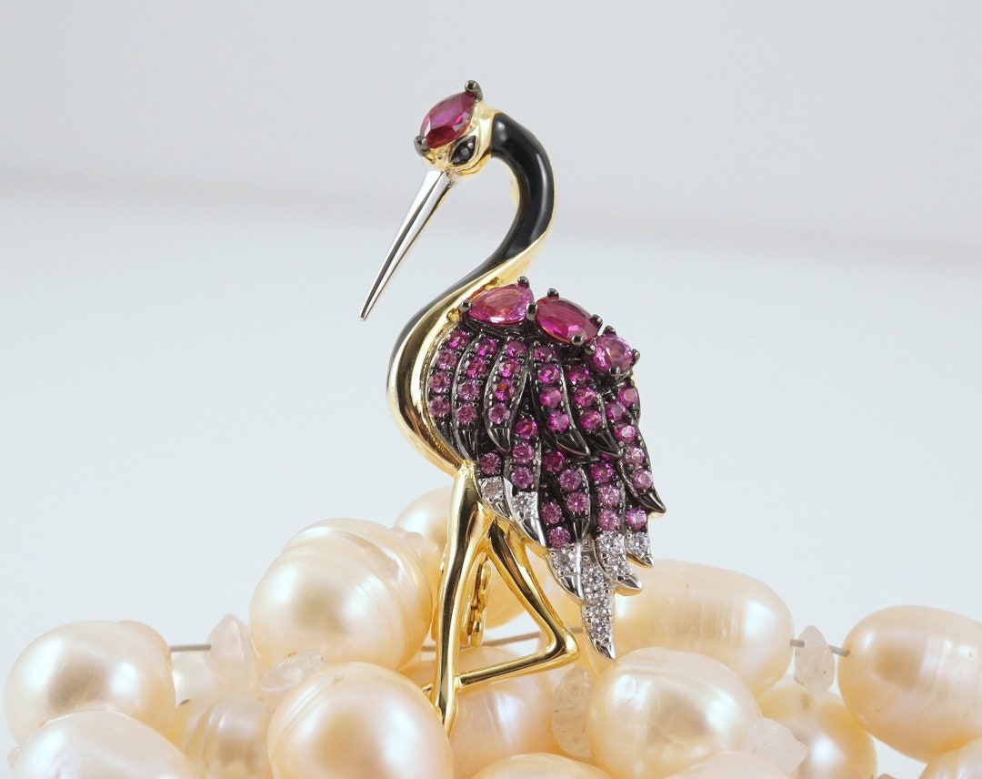 Sterling Crane Pin With Ruby, Cubic Zirconia, Pink Sapphire, Heron ...