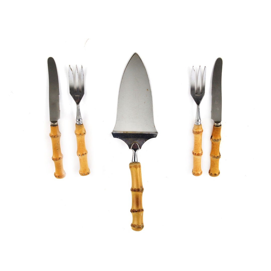 Bamboo Cake Server With 2 Knives and Forks 60's - Etsy