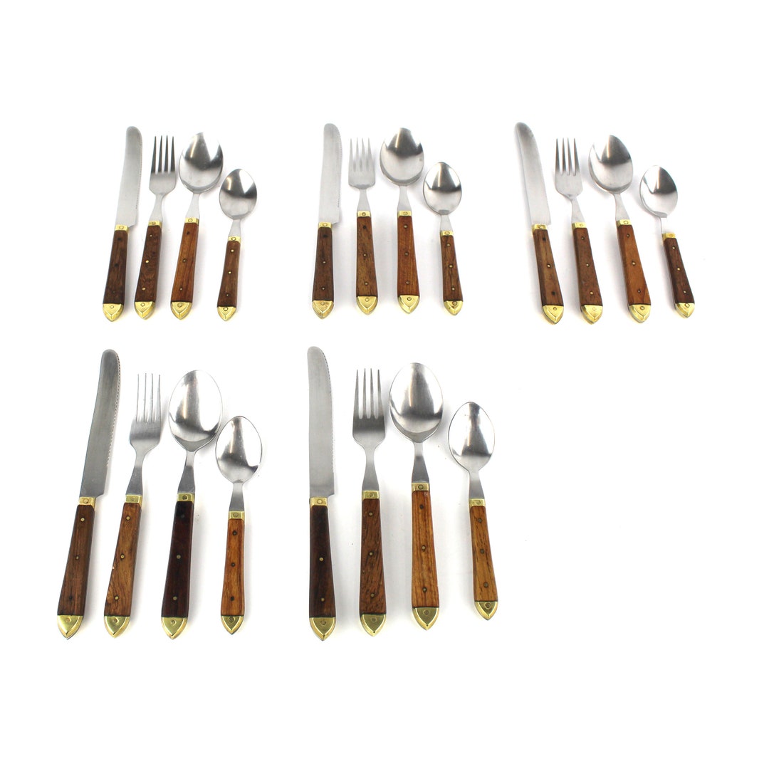 5 Cutlex Cutlery Sets Teak Wood Brass Stainless Steel 20 Pieces - Etsy