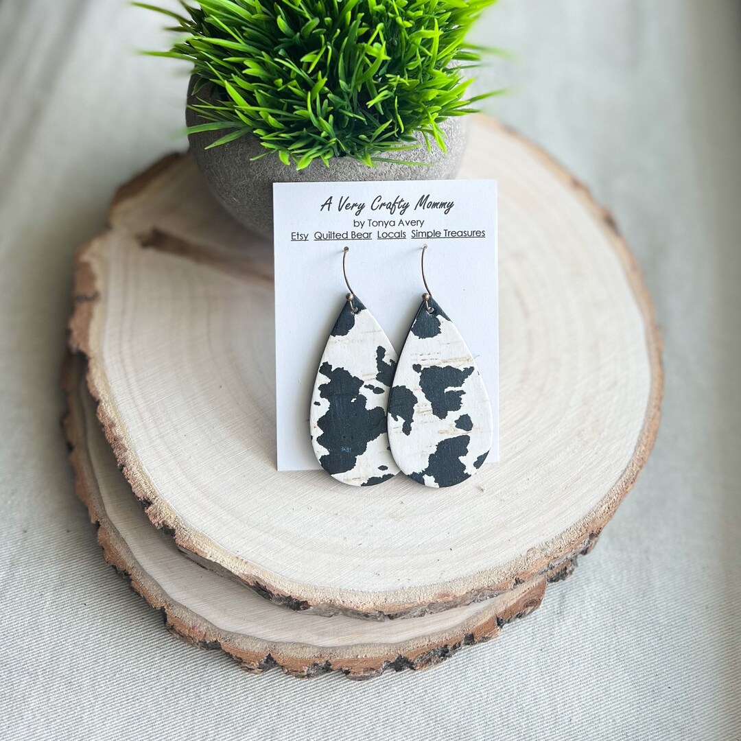 Black and White Cow Print Leather Earrings, Leather Teardrop Earrings ...