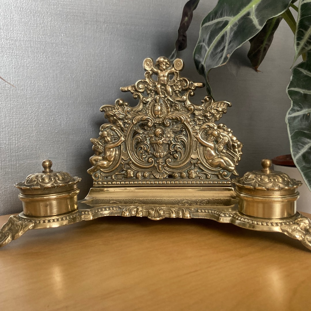 Rococo Style Brass Double Inkwell With Letter Rack & Pen Tray, Double ...